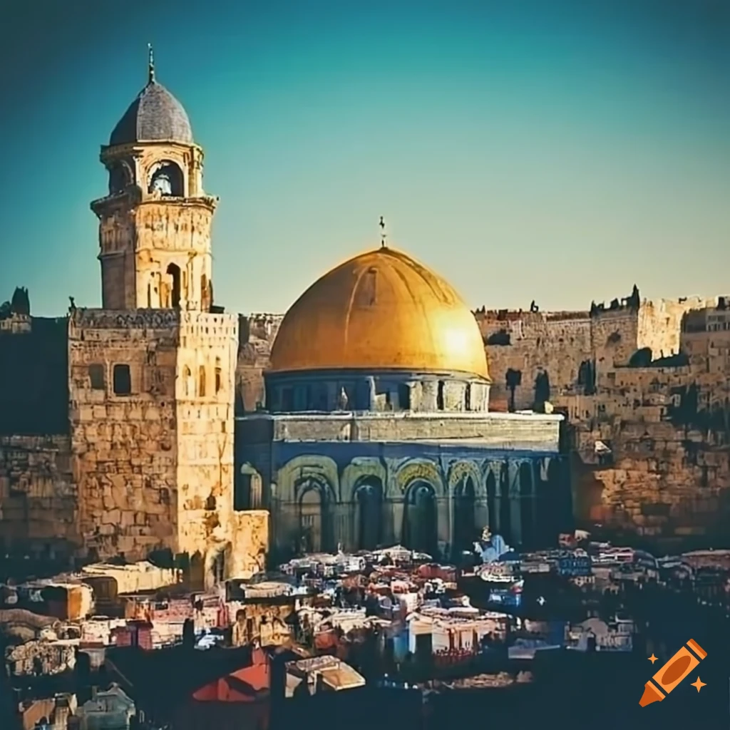 Cityscape of ancient jerusalem with tall towers and bustling markets on ...