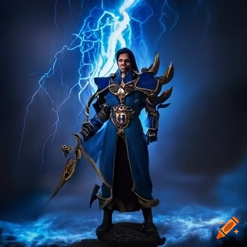 Kaladin Windrunner in electric blue armor with lightning spear on Craiyon