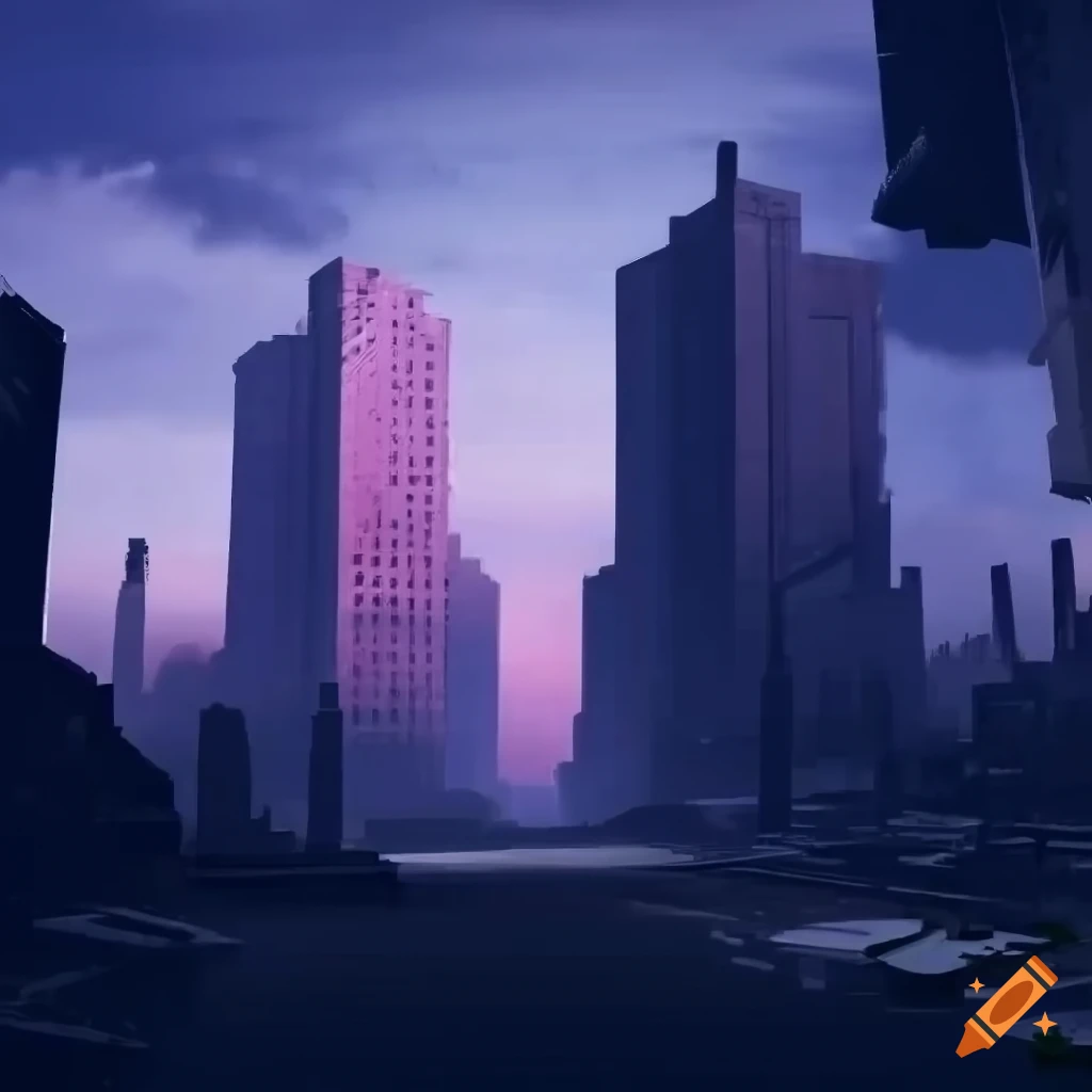 Ruined city with broken skyscrapers under a blue sky on Craiyon