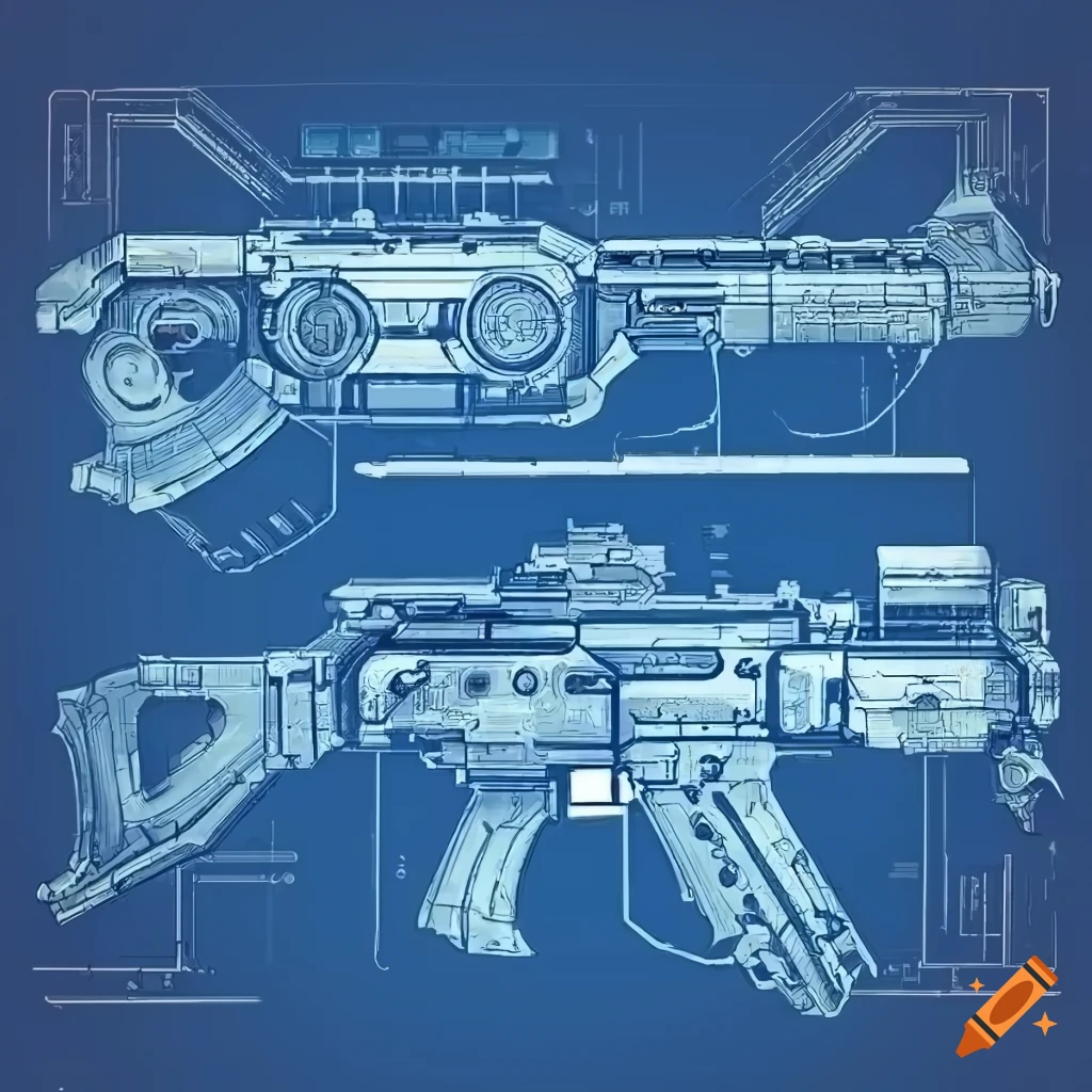 Detailed engineering drawing of sci-fi weapons and components on Craiyon