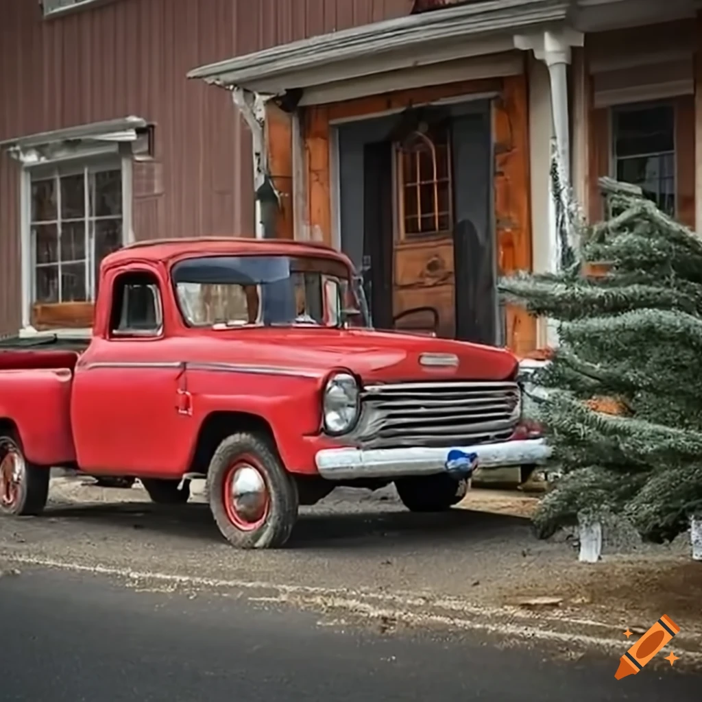 Red pickup truck hauling a Christmas tree in front of an old farmhouse ...