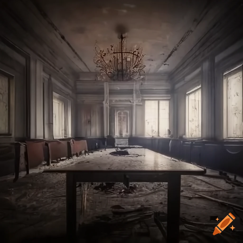 Abandoned conference room in fog on Craiyon