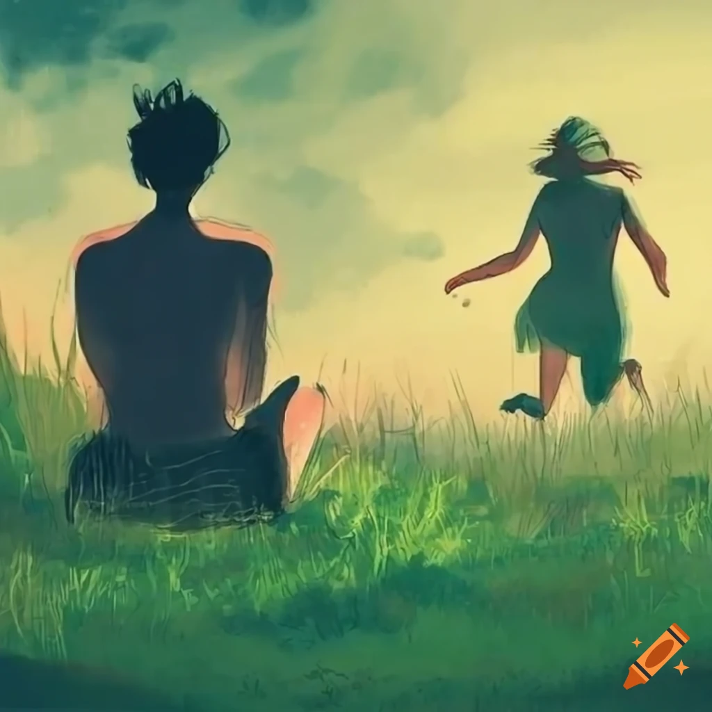 Drawing of a man watching a woman chasing a rabbit in a grassy field on ...