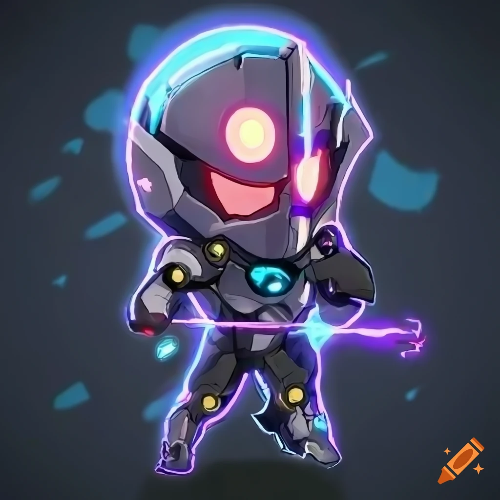 Chibi sci-fi anime style hero in full armor wielding neo-plasma blades ...