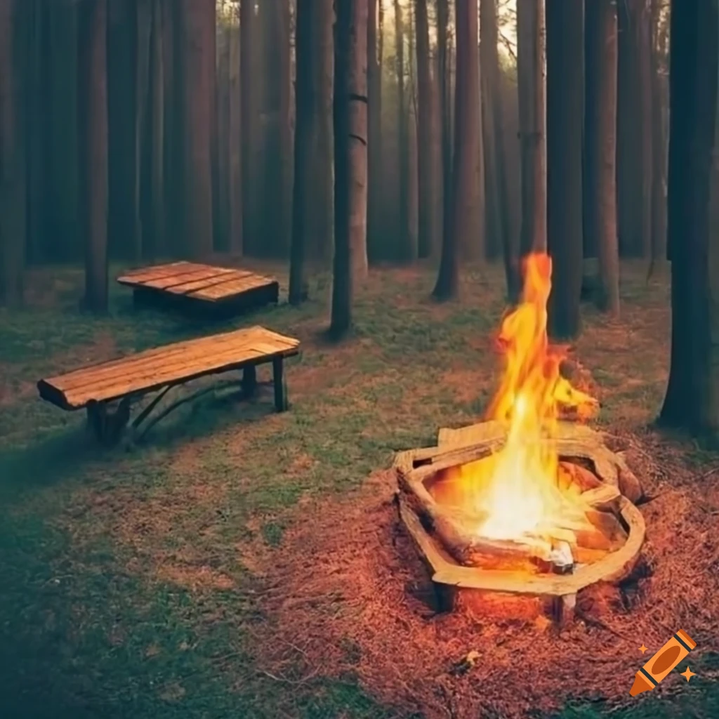 Campfire site with benches in the woods, viewed from above on Craiyon