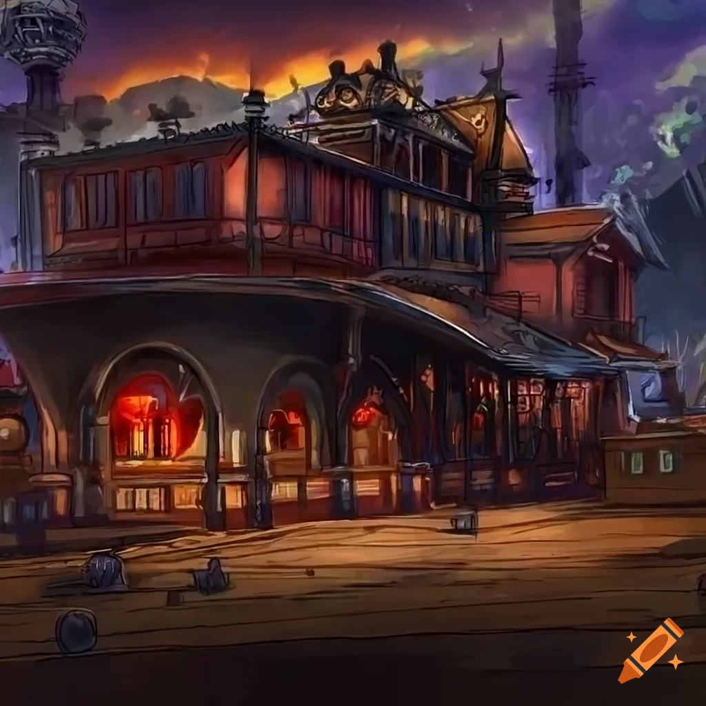 Bustling steampunk train station in fantasy art style on Craiyon