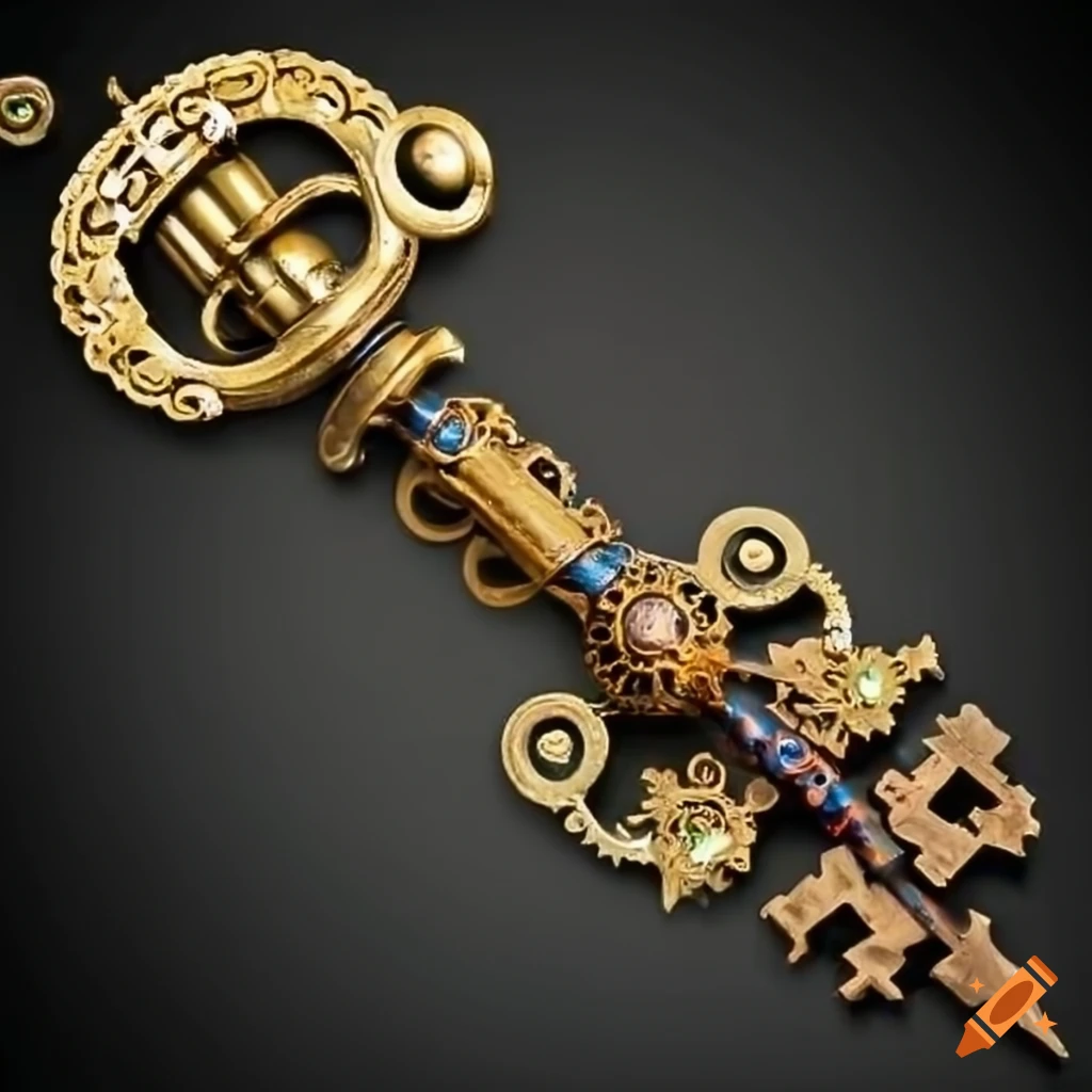 Elaborate steampunk style decorated key on Craiyon