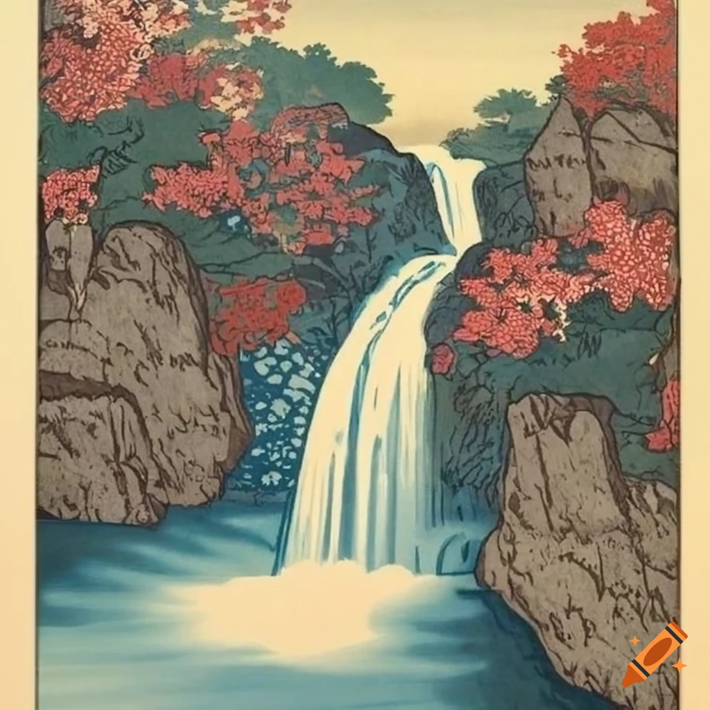 Japanese print of a landscape with a waterfall on Craiyon