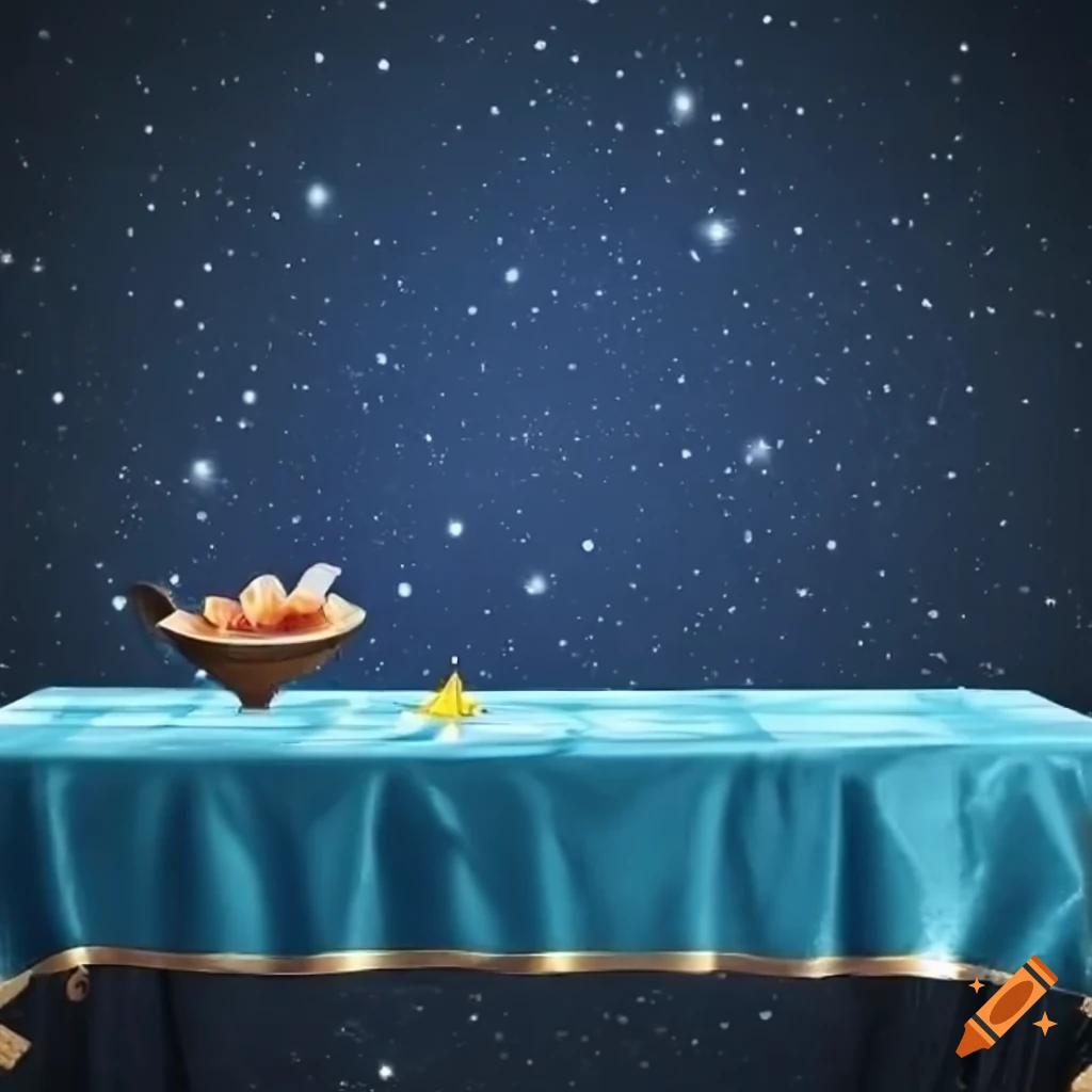 Table with starry tablecloth in high definition, frontal view on Craiyon