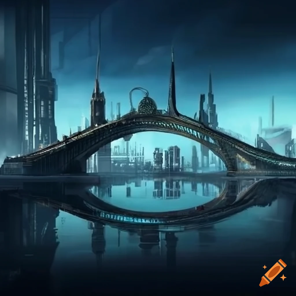 Futuristic steampunk city bridge between buildings on Craiyon