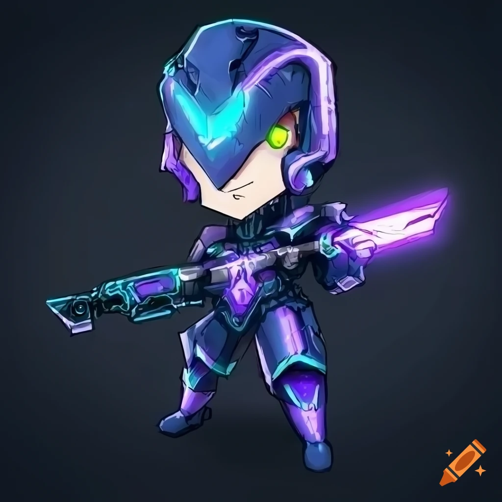 Chibi sci-fi anime hero in full armor with neo-plasma weapons on Craiyon