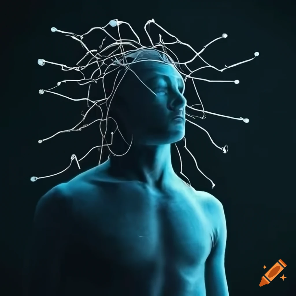 Spiritual man connected with wires on Craiyon