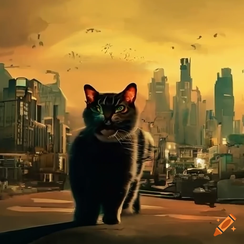 Metropolis overgrown by nature with roaming cats on Craiyon