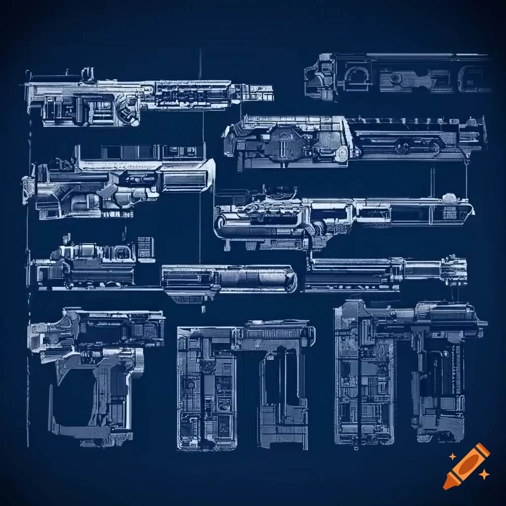 Detailed blueprint of a sci-fi weapons system on Craiyon