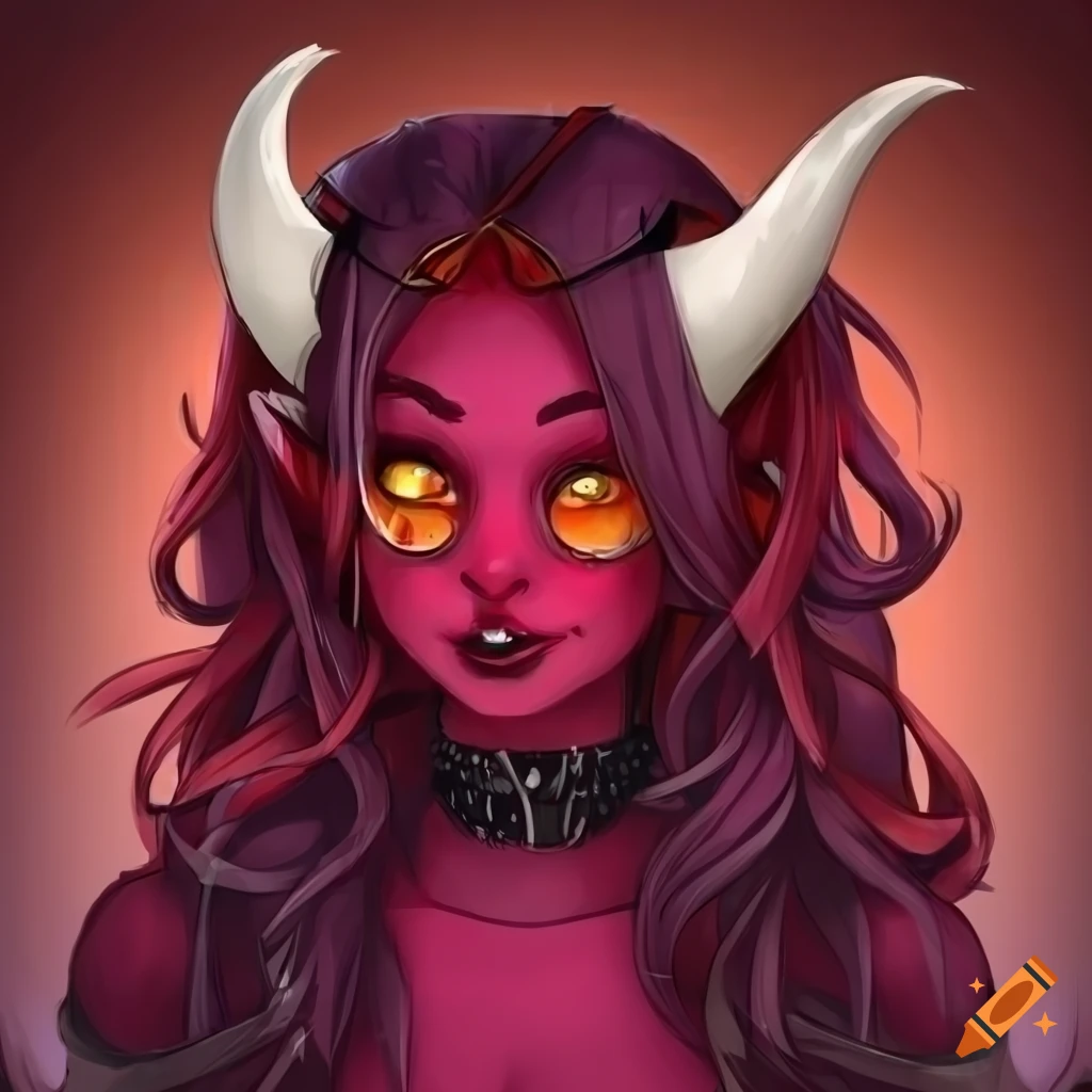 Casually dressed red tiefling girl with black horns and glasses on Craiyon