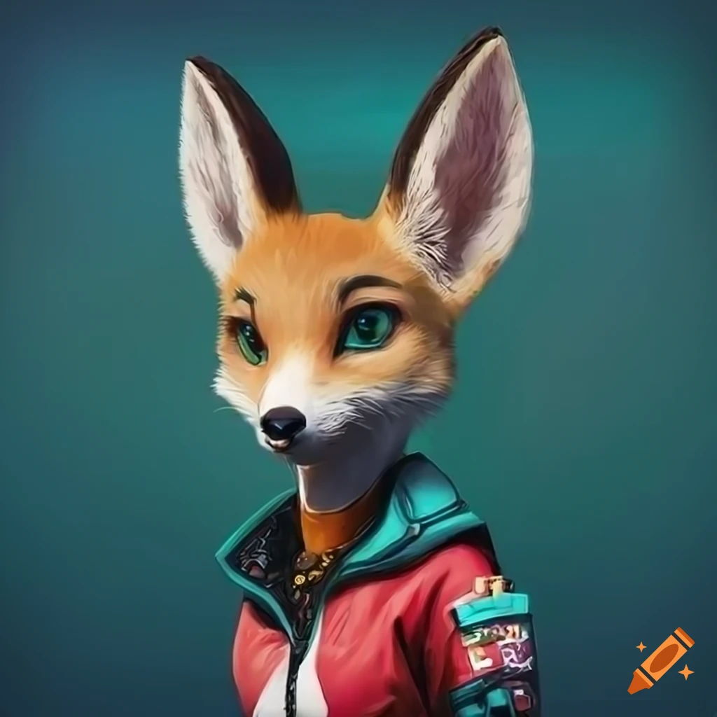 Captivating artwork of female deer-fox hybrid in a sci-fi jacket on an ...