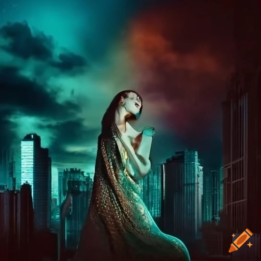 Biopunk cityscape featuring a goddess admired for her beauty on Craiyon