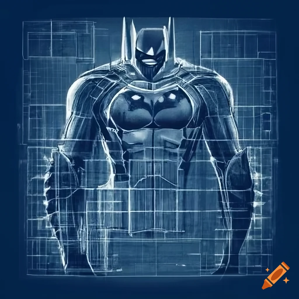 Batman blueprint showing materials and internal structures on Craiyon