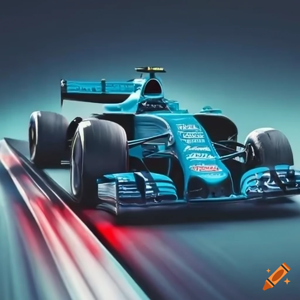 Blue and red formula one car racing on a track on Craiyon