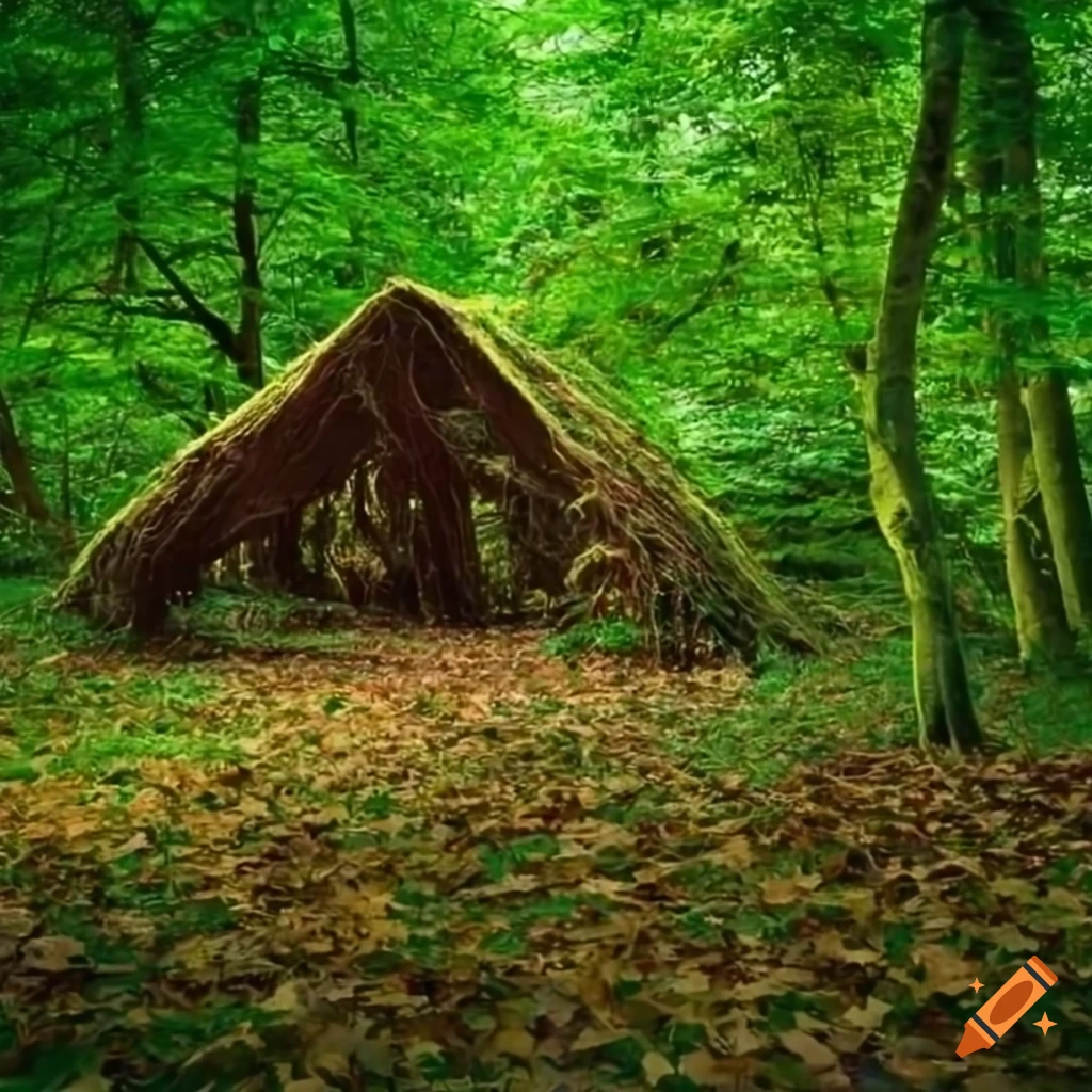 Simple shelter made of branches and leaves in a bright green deciduous ...