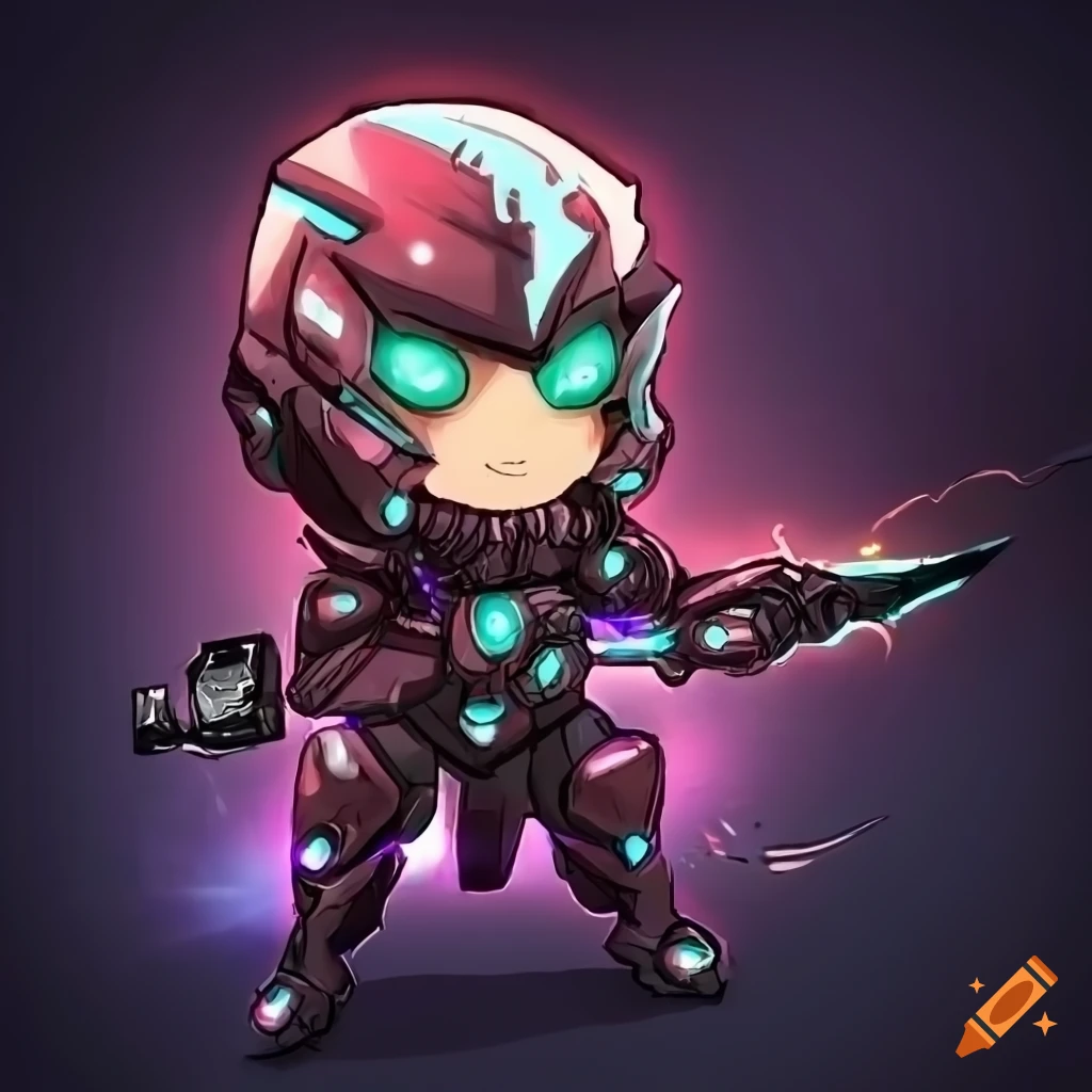 Chibi sci-fi anime hero in full armor wielding neo-plasma blades on Craiyon