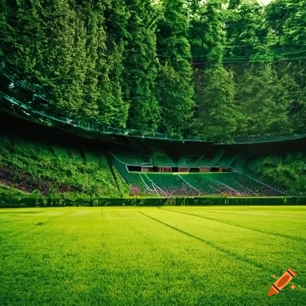 Modern sports stadium with vibrant lawn and jersey, surrounded by ...