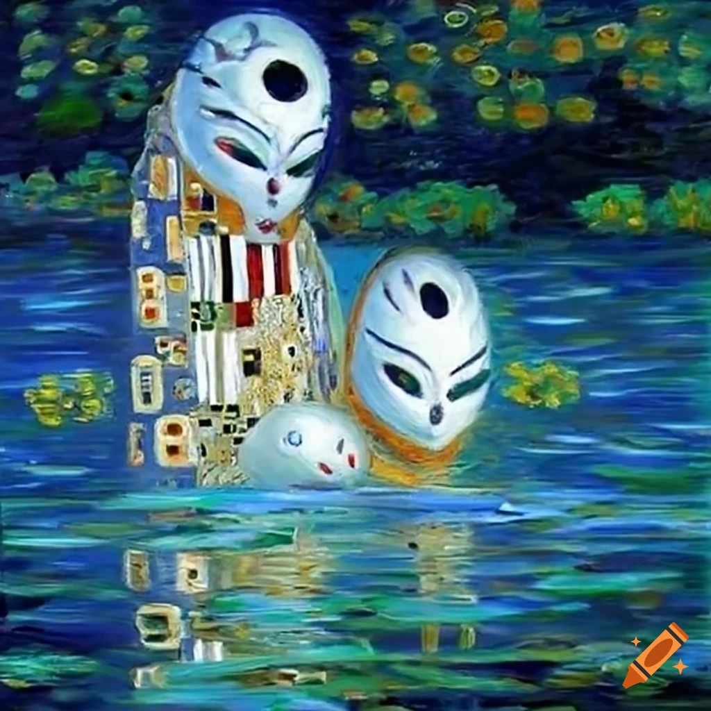 Nocturnal oil painting of two masked people hugging by a lake in anbu ...