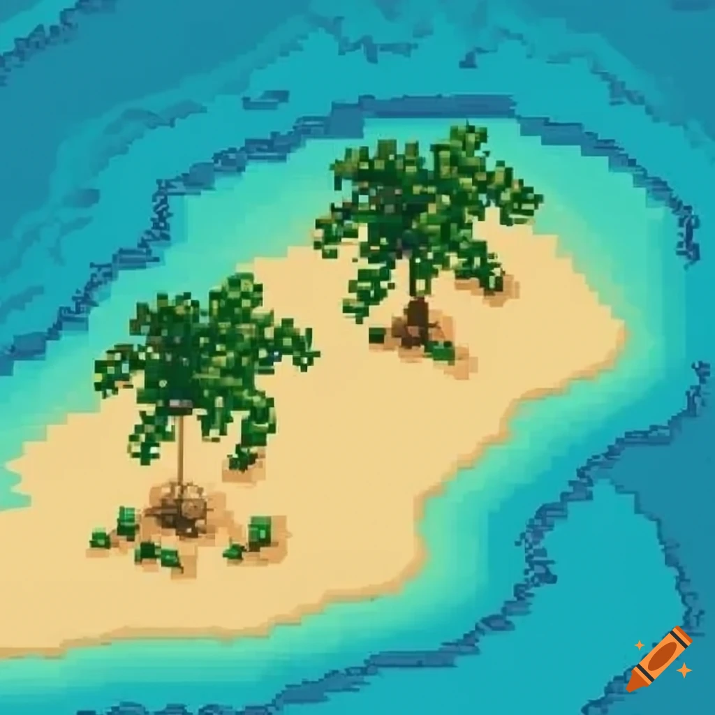 Colorful sandy beach with palm trees and clear blue water in 2D pixel ...