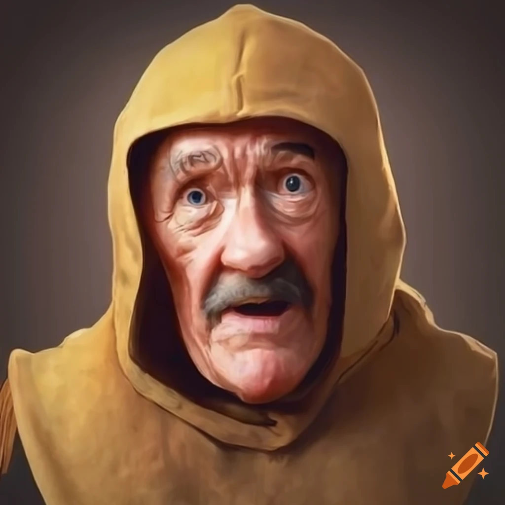 Barry Chuckle Elliot dressed as a medieval peasant in a cloak and hood ...