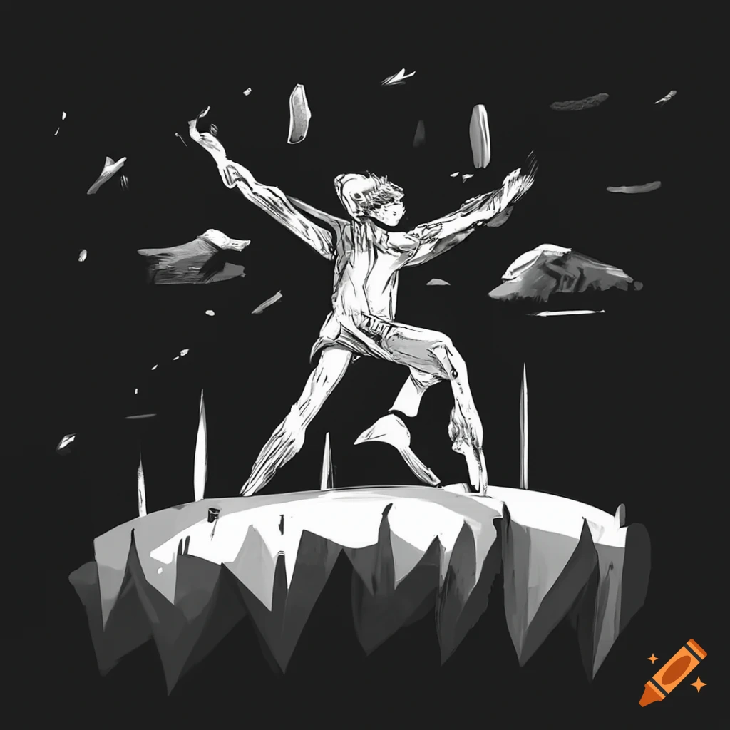 Character escaping danger in dramatic black and white art on Craiyon