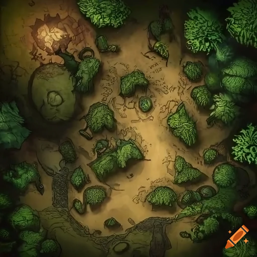 Top-down warhammer battle map of a jungle clearing with multiple ...