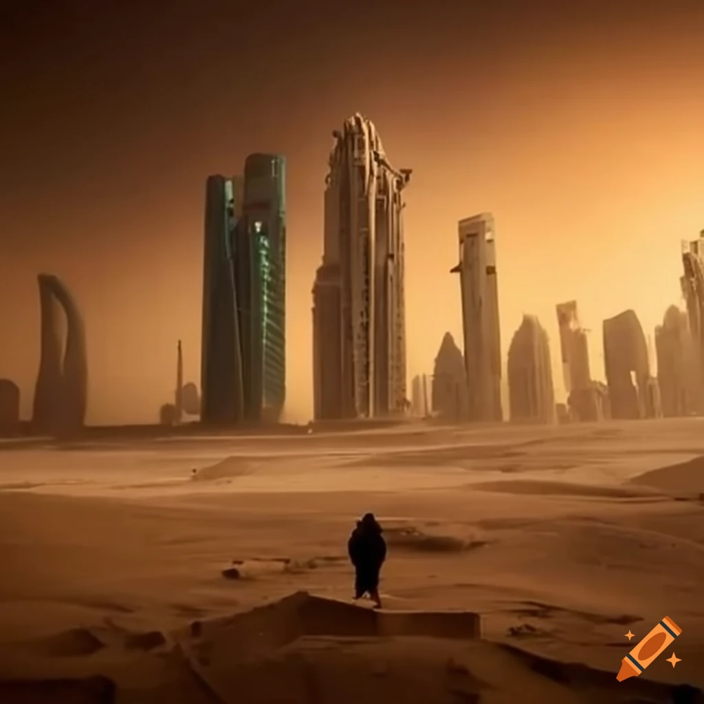 Post-apocalyptic doha city ruins covered in sand during a sandstorm on ...