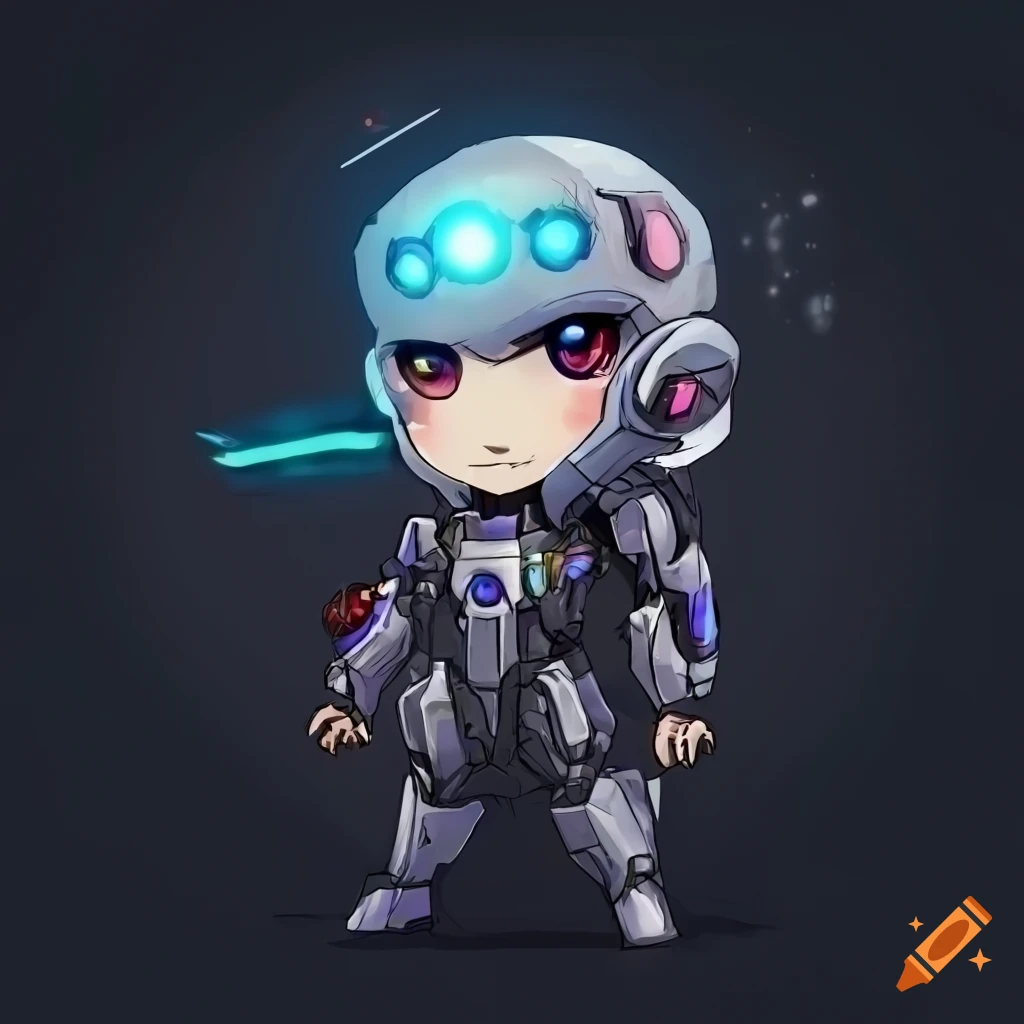Chibi sci-fi anime hero in full armor with neo-plasma weapons on Craiyon