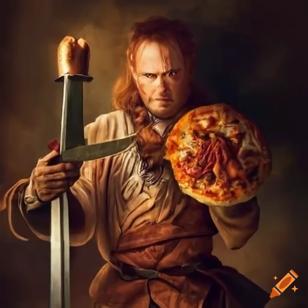 Pizza holding a sword in highlander style on Craiyon