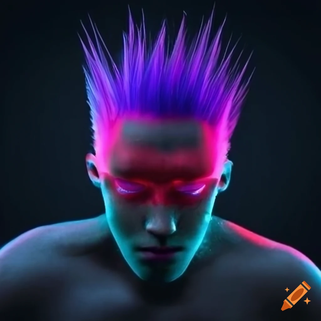 Neon-colored male with star eyes and spiked hair in a space setting on ...