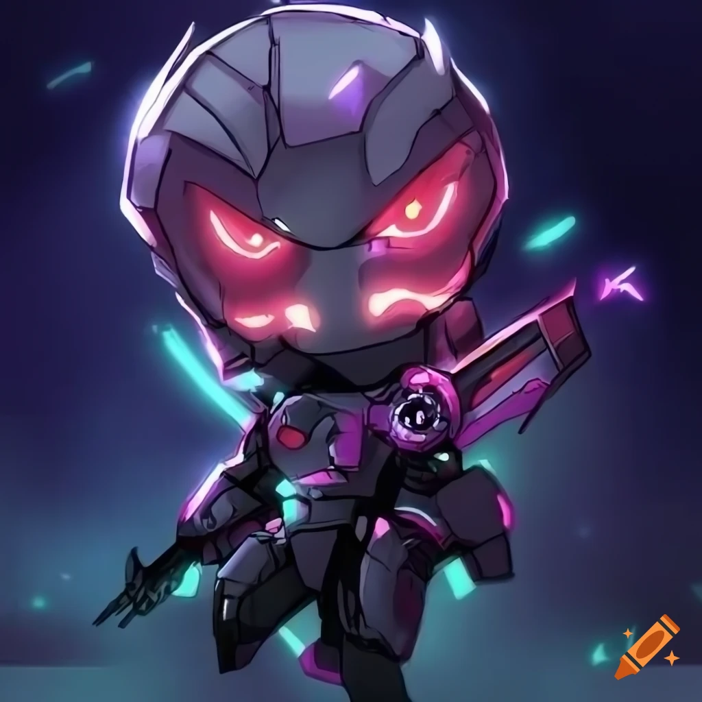 Chibi sci-fi anime style hero in full armor with neo-plasma blades on ...