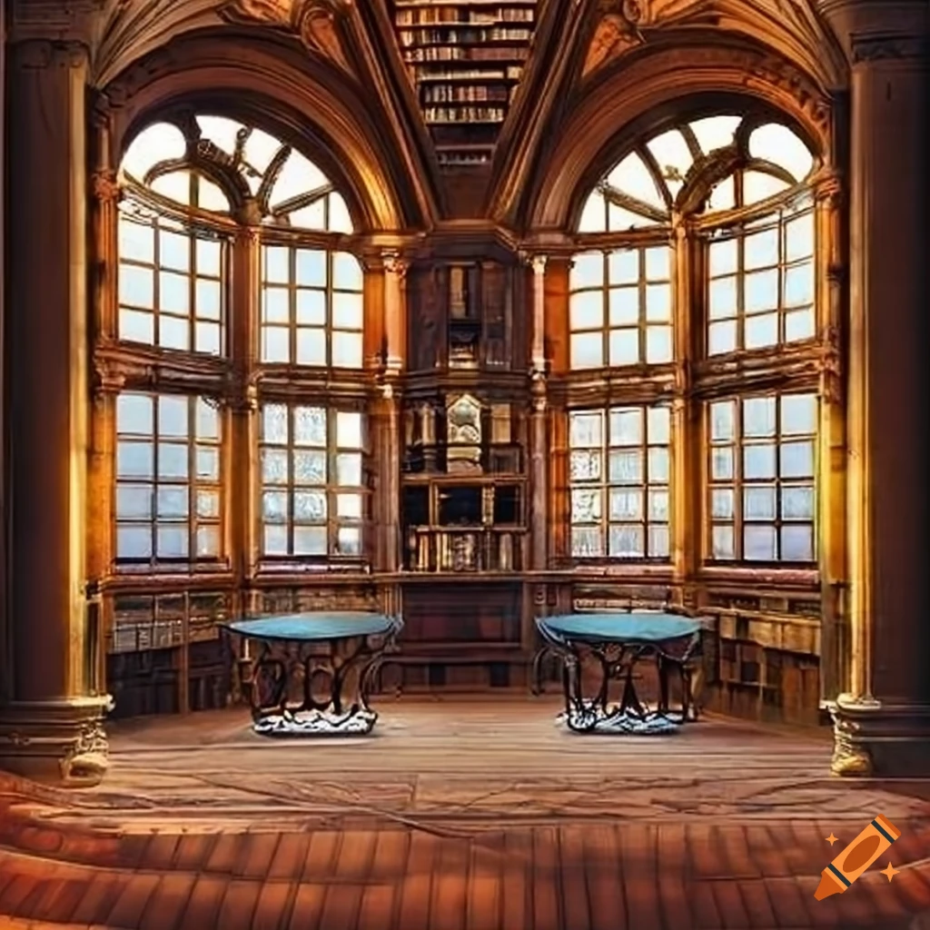 Interior of a grand two-story library with ornate windows and lighting ...
