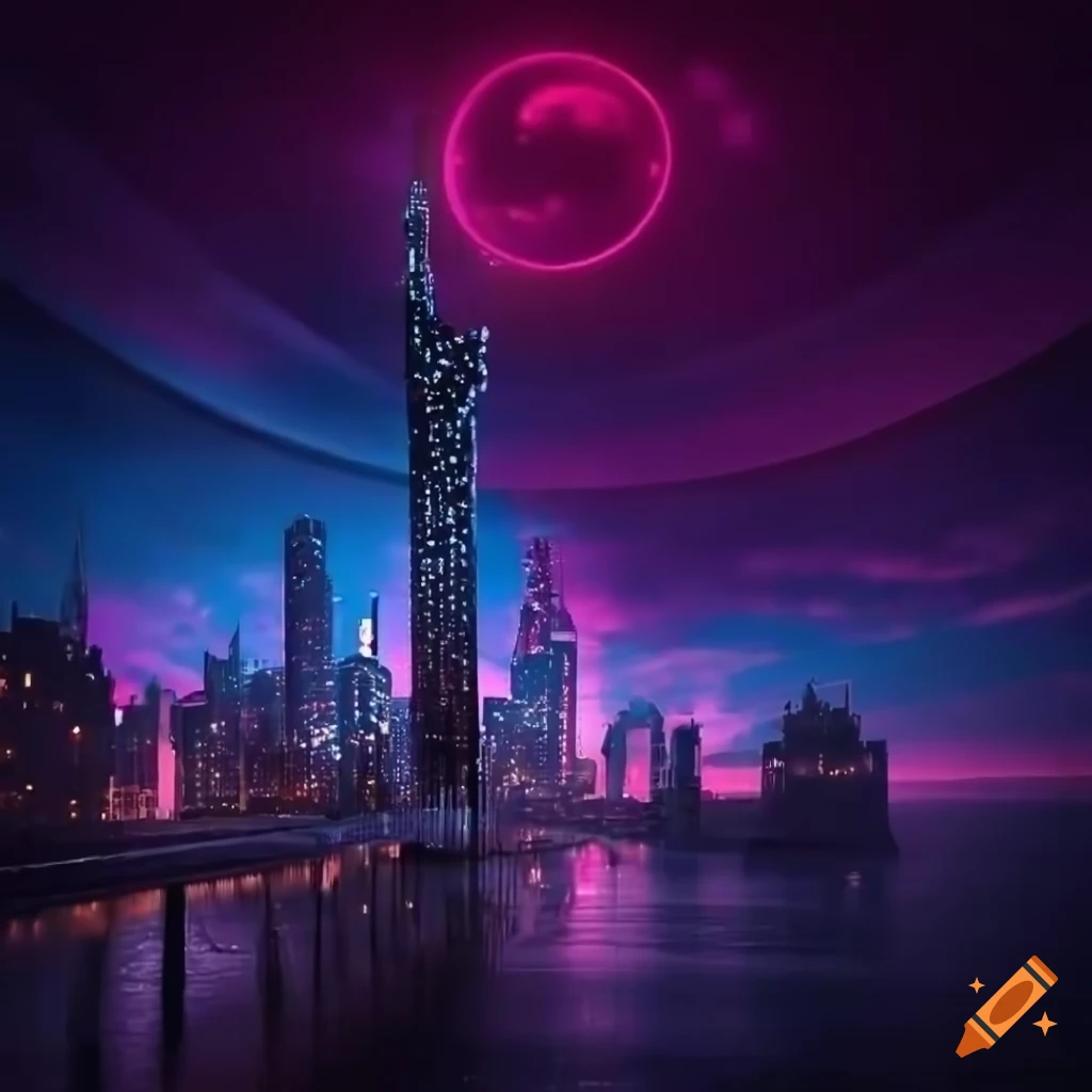 Neon-lit cityscape with celestial goddess and mesmerizing sculptures in ...