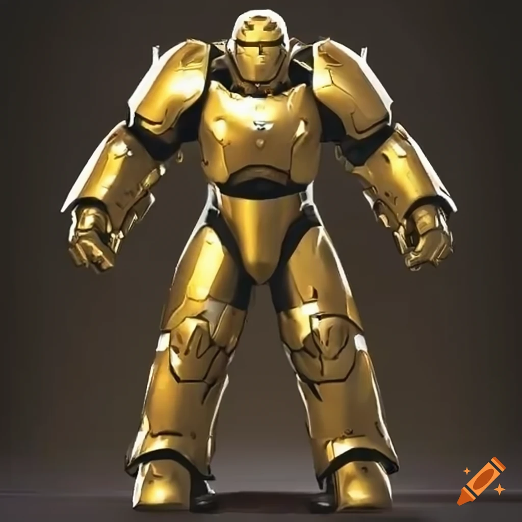 Full body shot of golden power armor on Craiyon