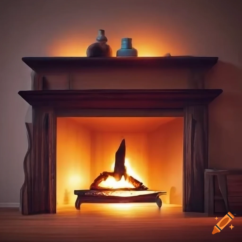 Cozy living room with rustic wooden furniture and lit fireplace on Craiyon