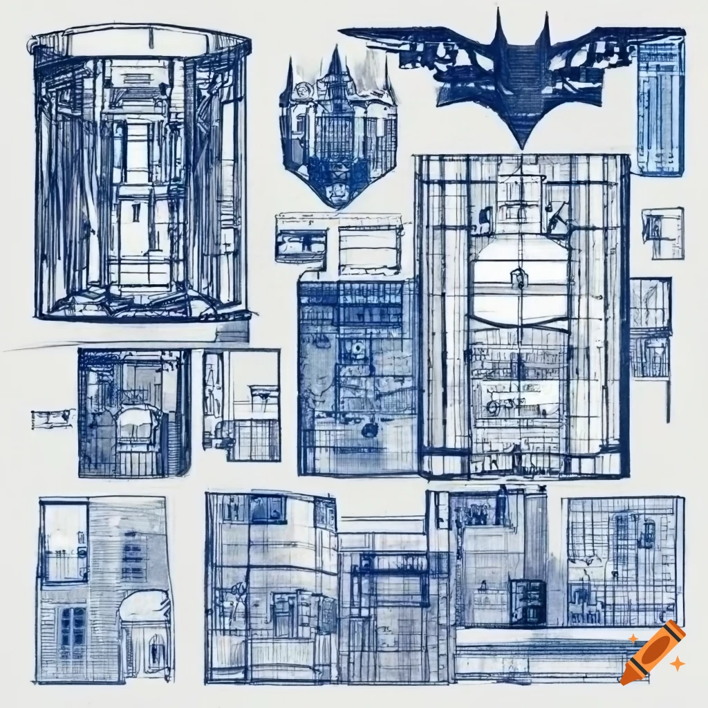 Batman blueprint showing materials and internal structures on Craiyon