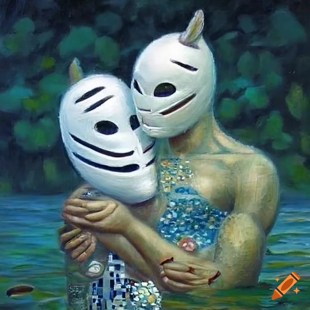 Impressionistic nocturnal oil painting of two masked people hugging by ...