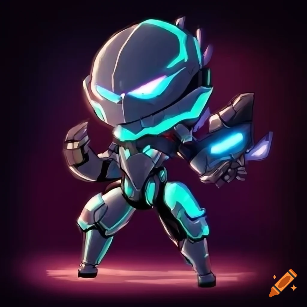 Chibi sci-fi anime hero in full armor with neo-plasma weapons on Craiyon