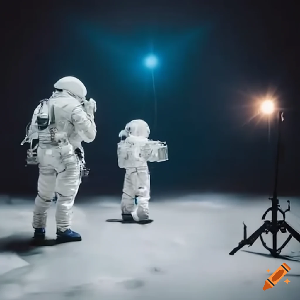 Astronauts filming moon landing in a studio with cameras on Craiyon