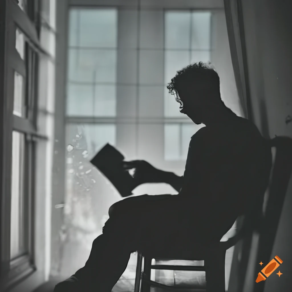 Handsome man reading by the window with rain outside on Craiyon