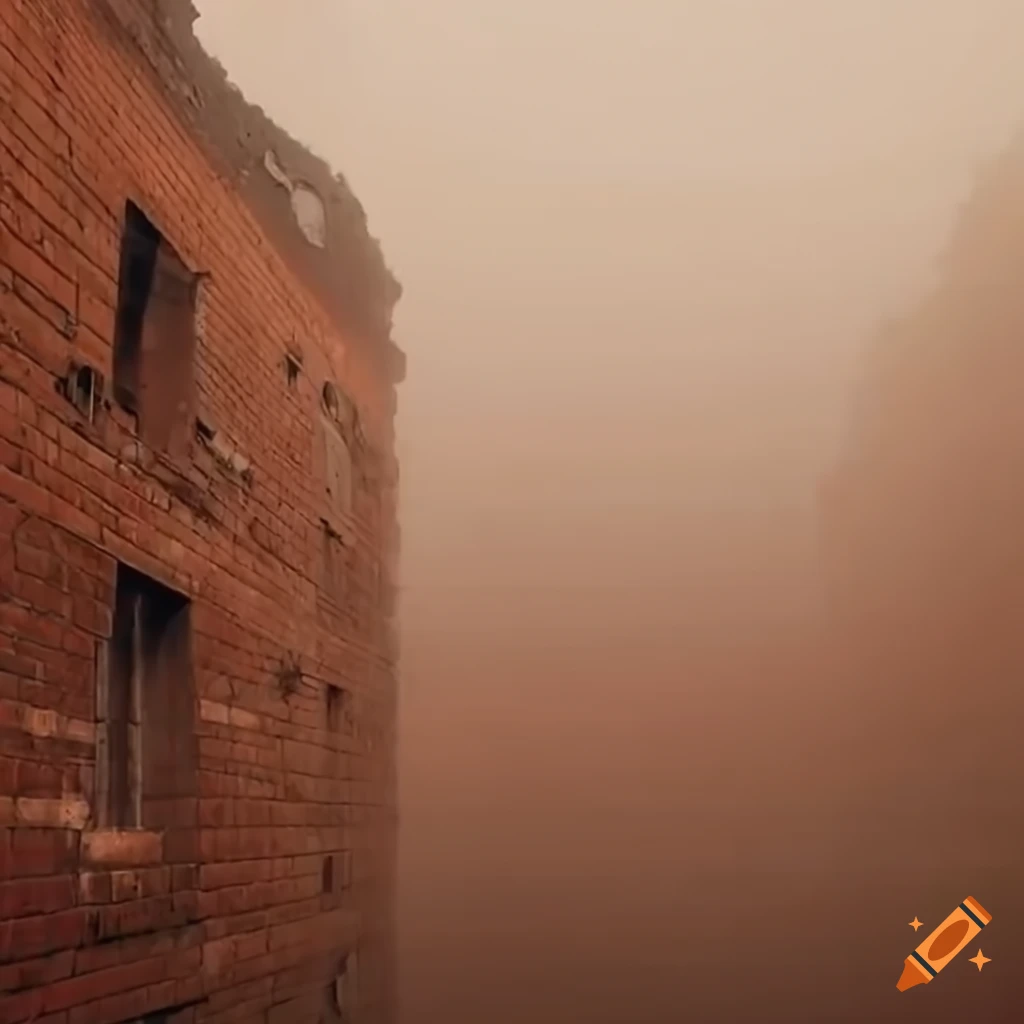 Abandoned crowded brick buildings sinking into ocean in pale orange fog ...