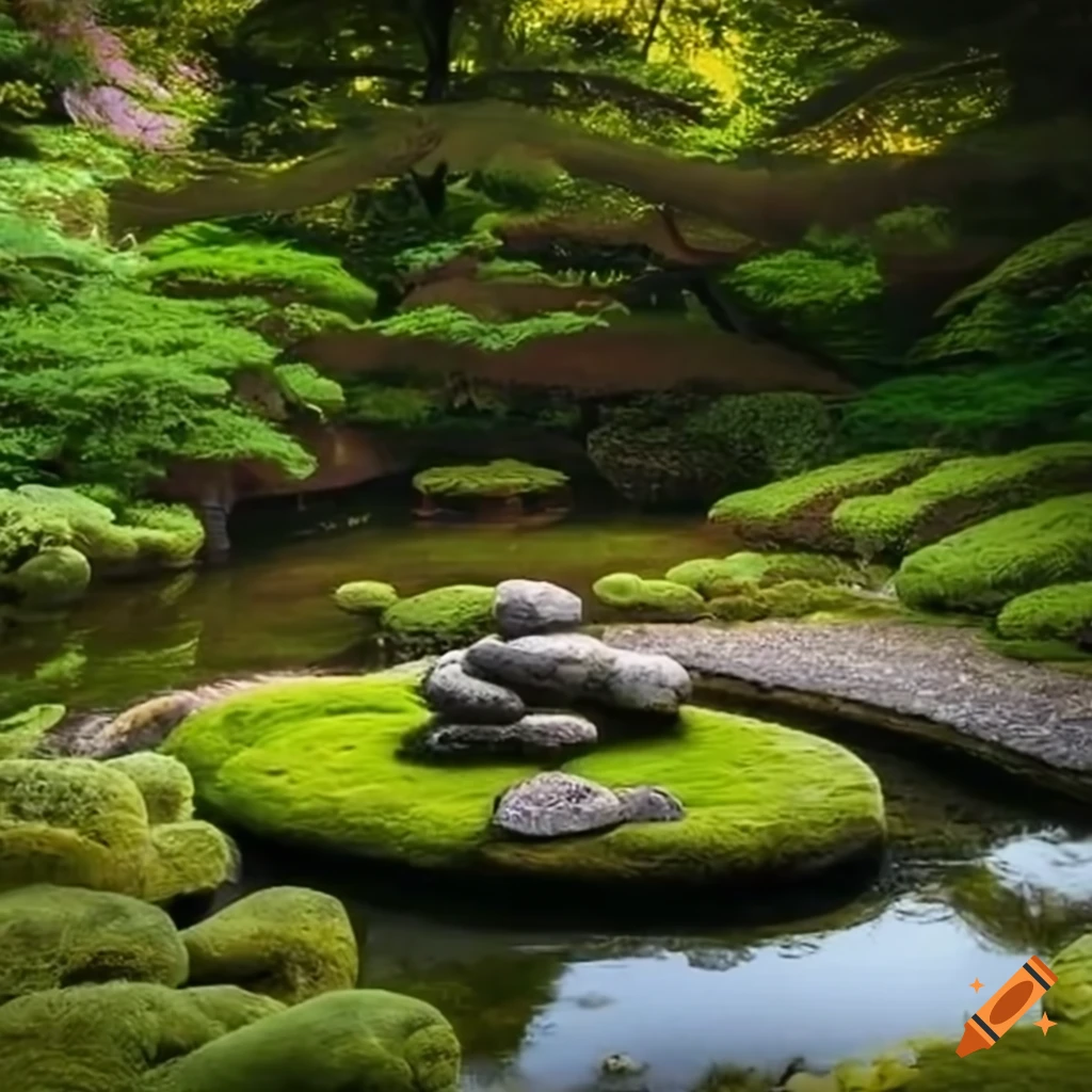 Peaceful japanese traditional garden, also known as zen garden on Craiyon