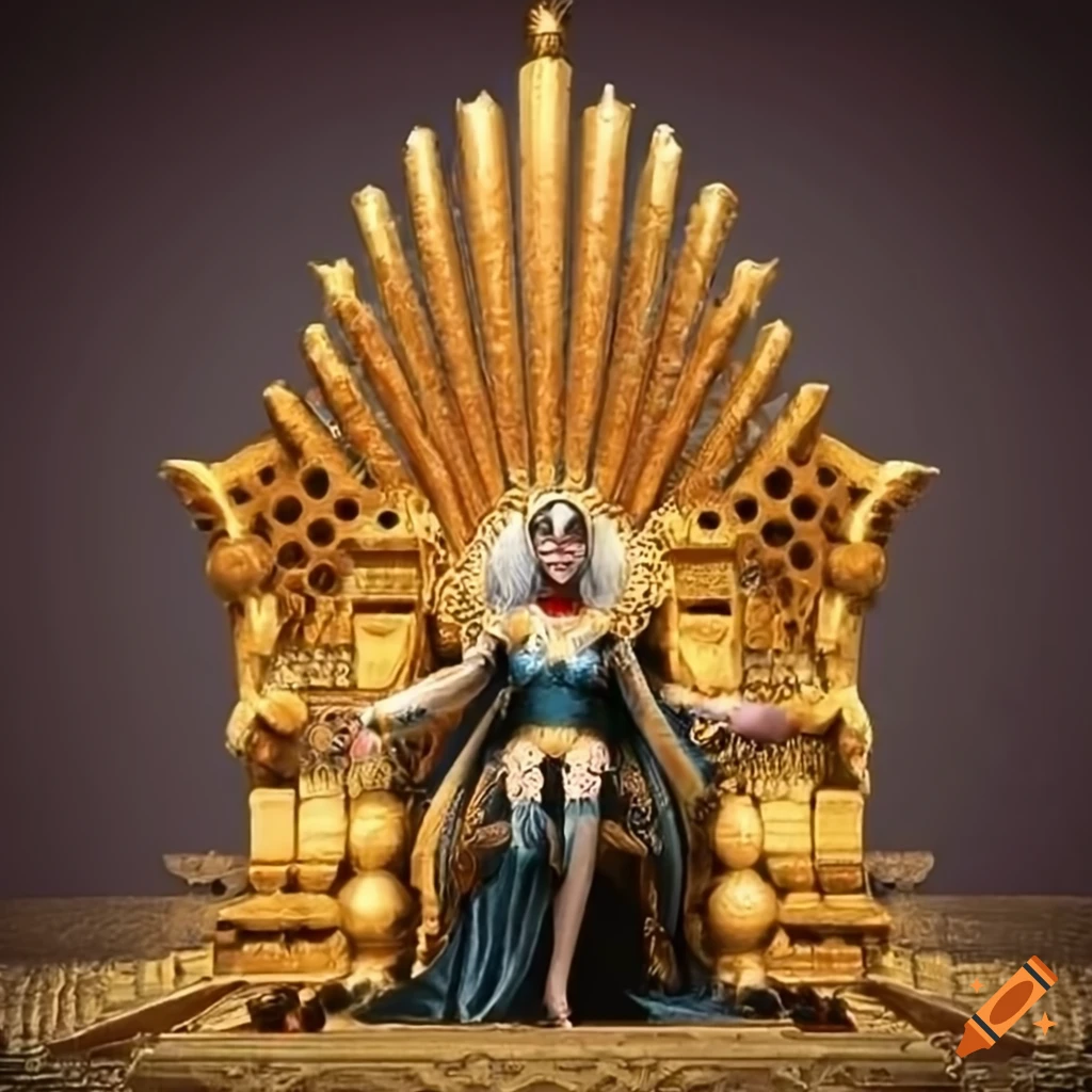 Queen bee on a royal throne surrounded by honeycomb structures on Craiyon