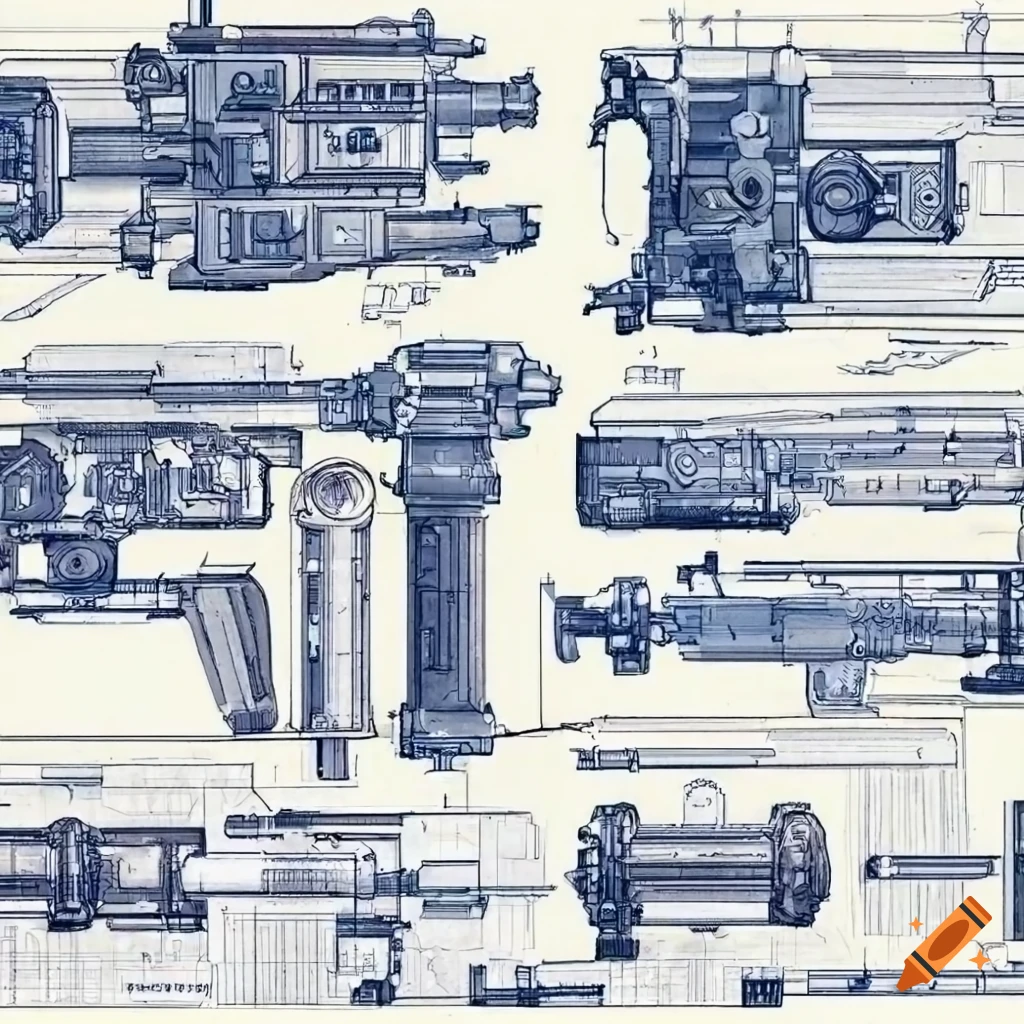 Detailed engineering drawing of a sci-fi fallout weapon on Craiyon
