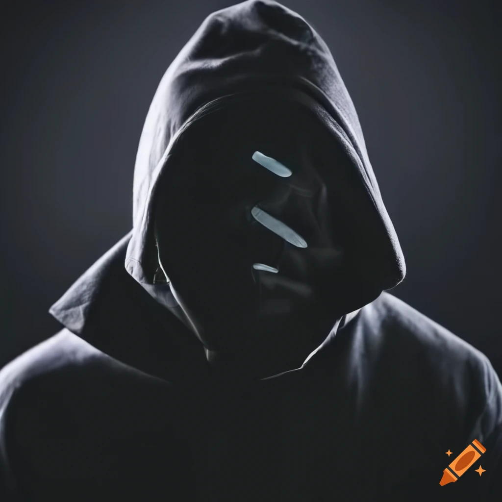 Hooded mastermind with tech mask in dark surreal background on Craiyon